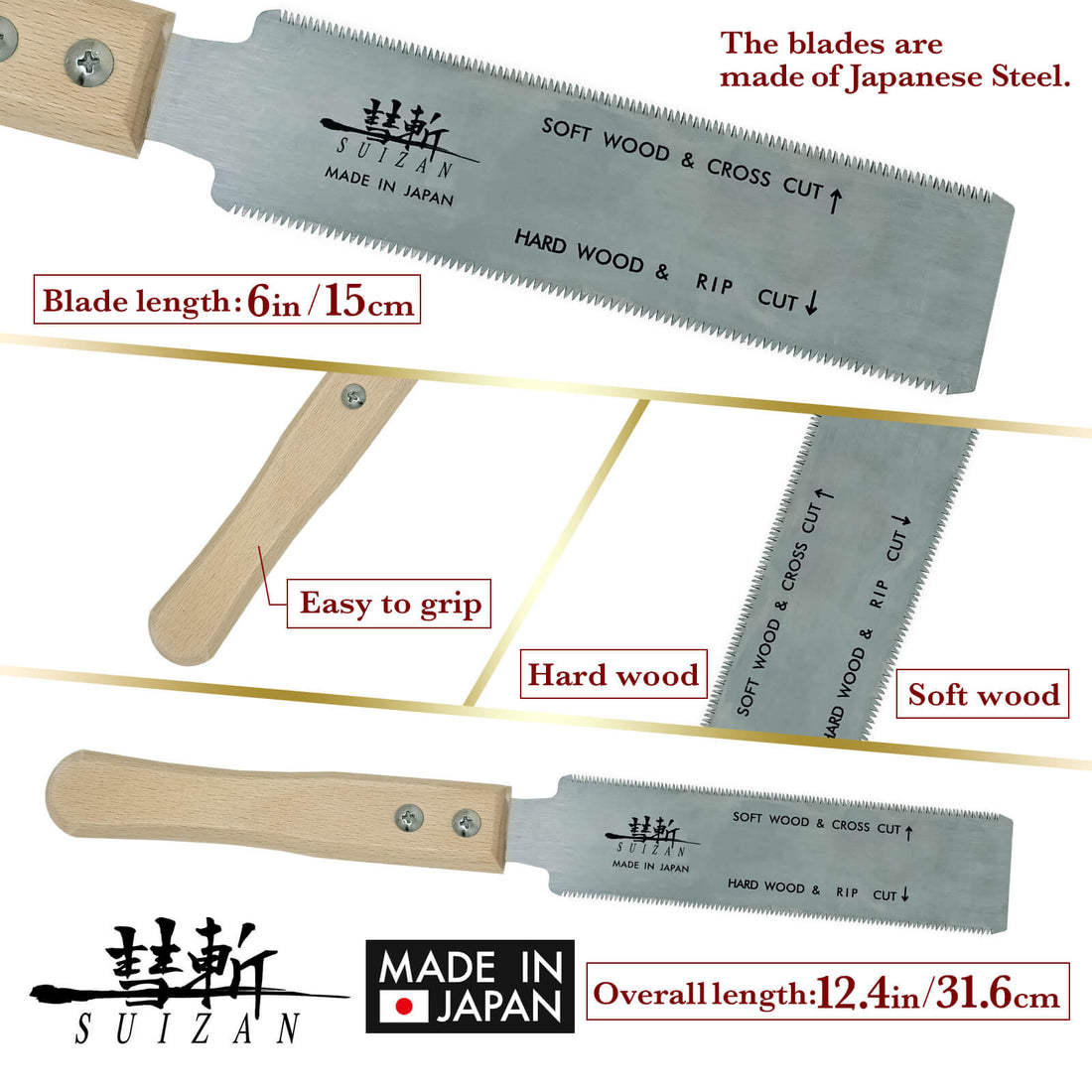 SUIZAN Japanese Pull Saw Flexible 6 Inch (150mm) Ryoba Small Hand Saw ...